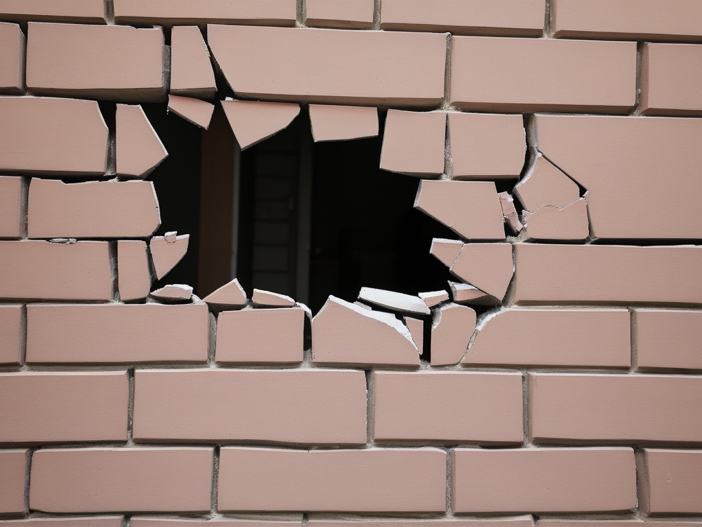 Damaged Wall with a Large Hole Exposing the Inside of a Building