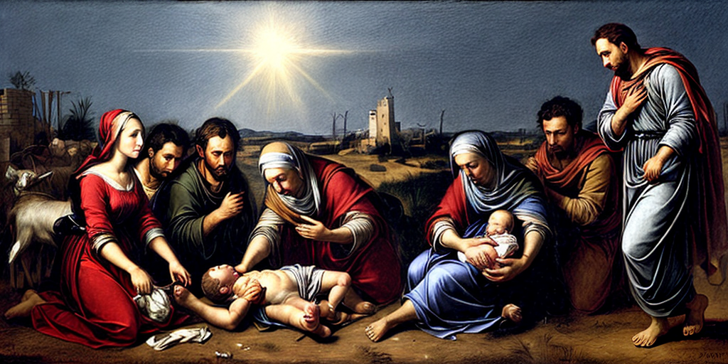 modern nativity scene painting set in modern day war-torn Gaza under ...