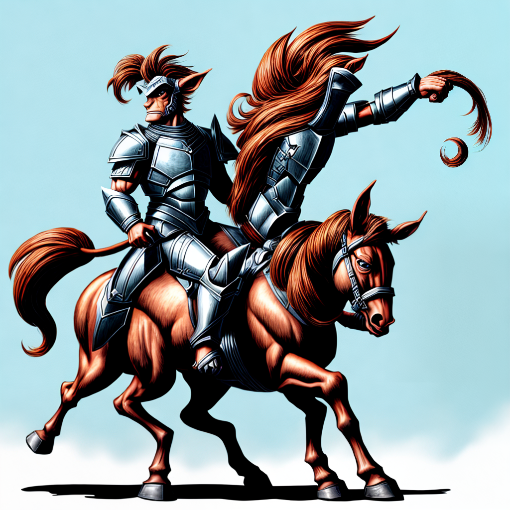a centaur man in war armor with hair in a ponytail in cartoon style