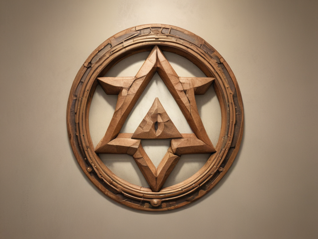 Intricately Carved Wooden Emblem Featuring Geometric Shapes and Symbols.