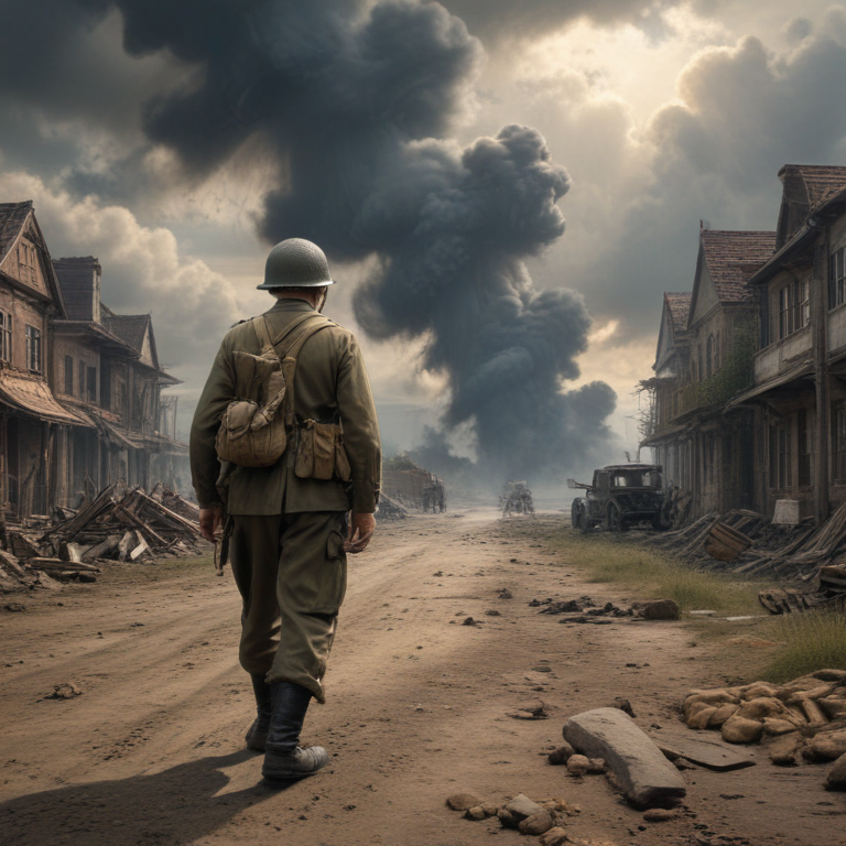 Solitary Soldier Walking Through Desolate Village Amidst Smokes and Ruins