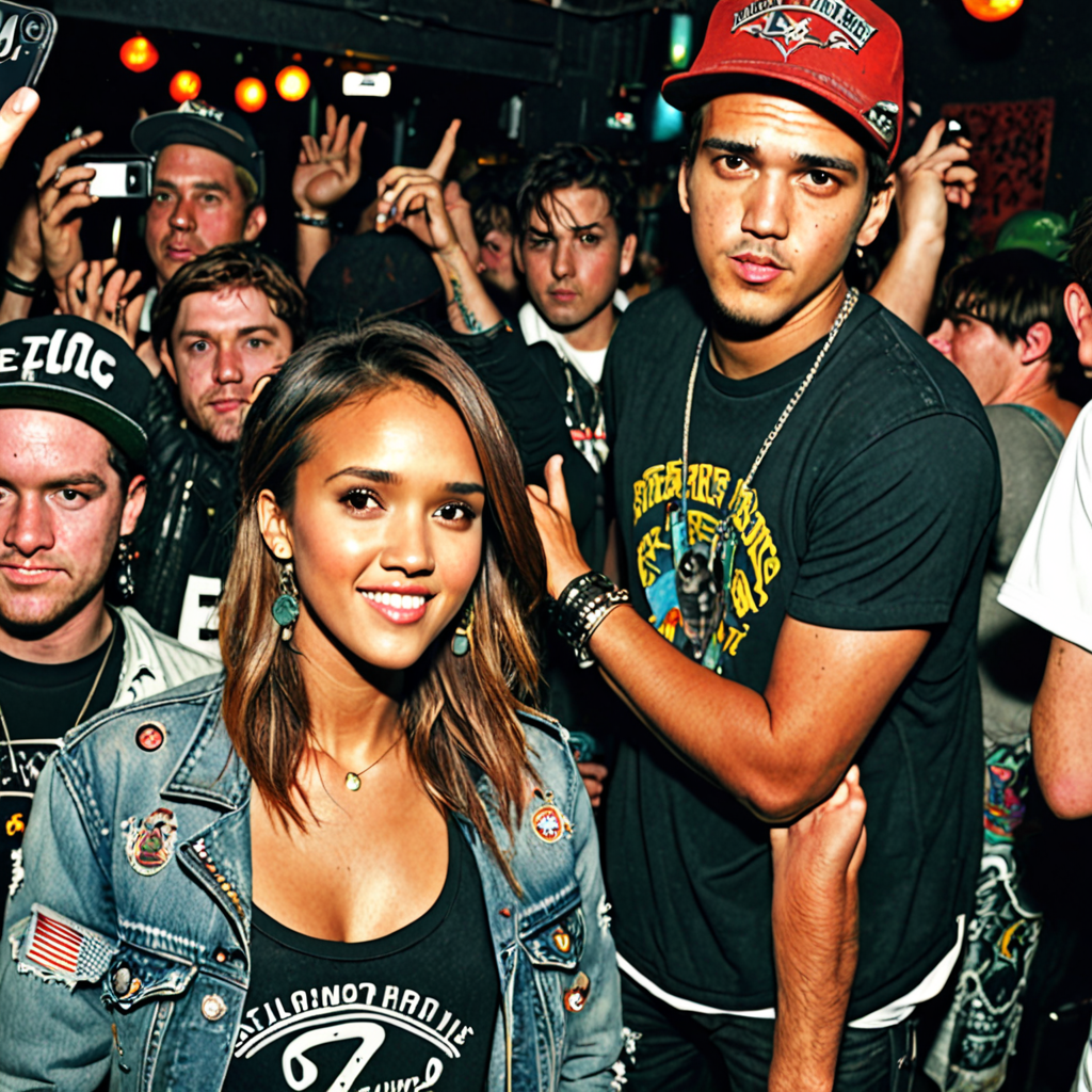 Jessica Alba at a punk rock music club, realistic