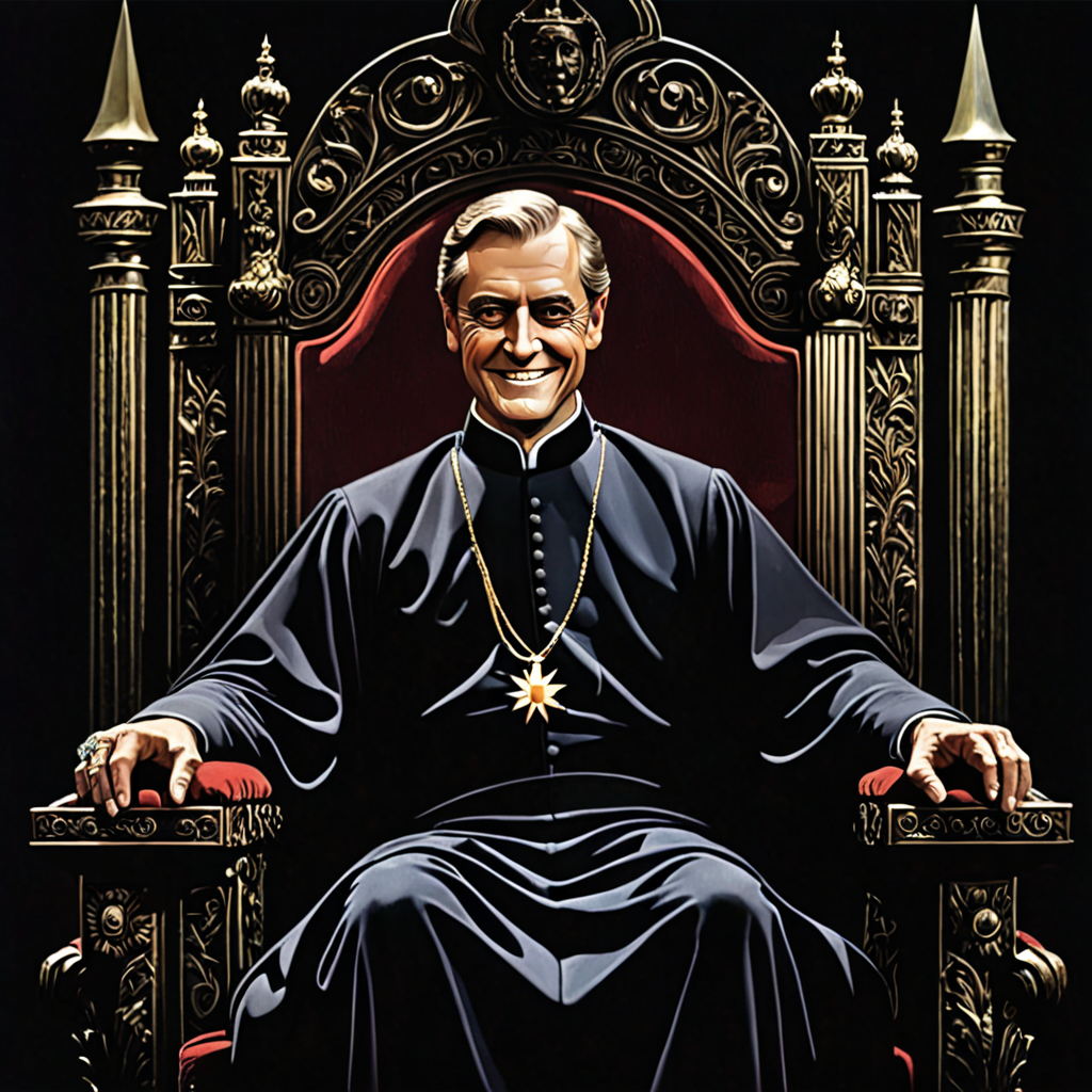 sadistic emperor smiling in the shadows sitting on his throne