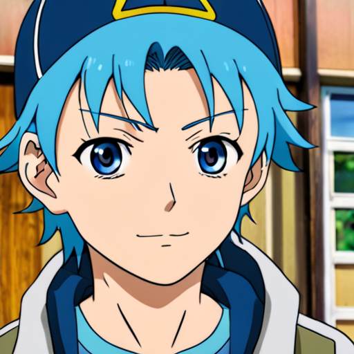 An anime character with blue hair and a blue cap