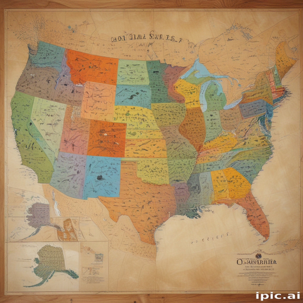 Colorful Historical Map of the United States Highlighting State ...