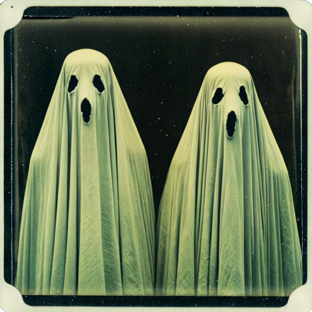 a close up polaroid of two male ghosts