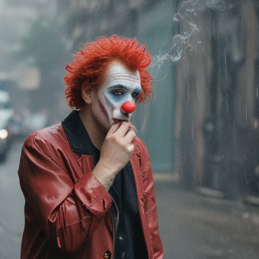 Clown in the rain smoking