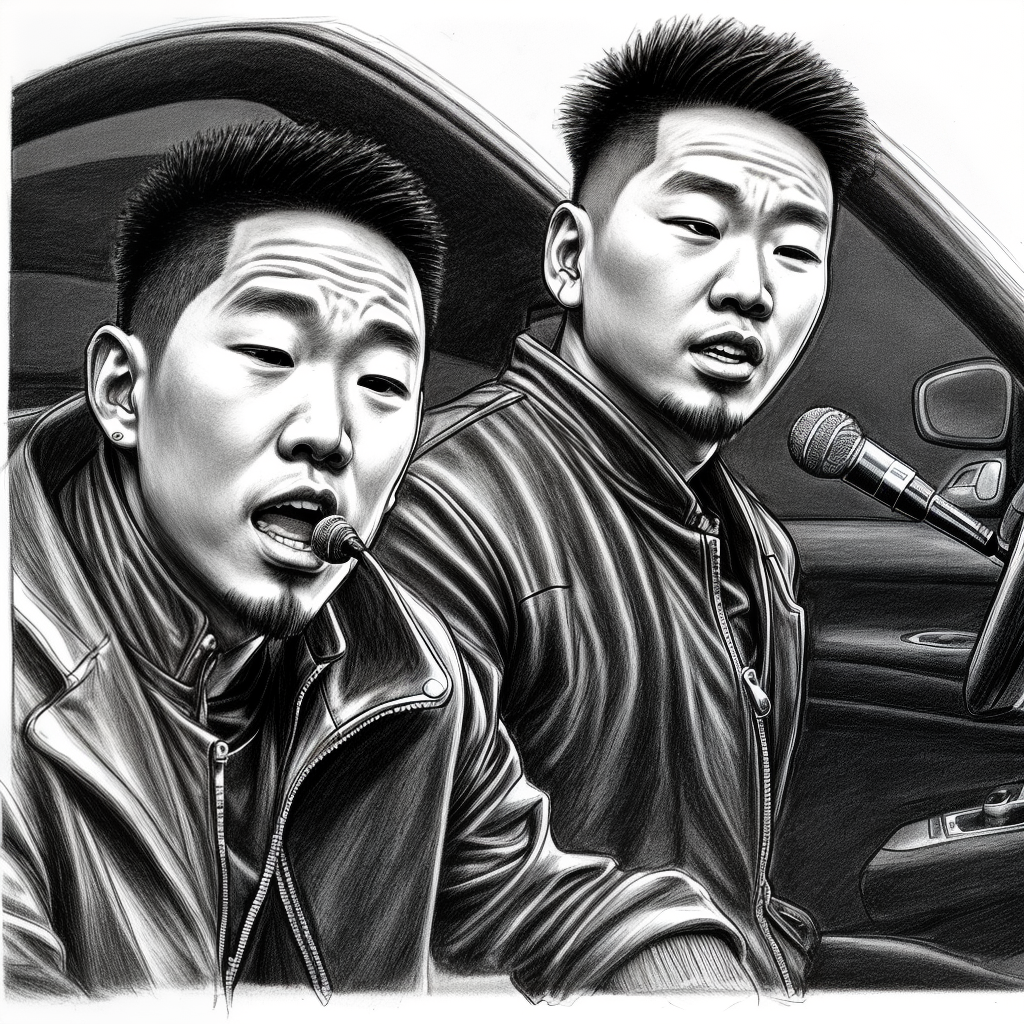 ONE ASIAN RAPPER SINGING TO MICROPHONE INSIDE THE SPORT CAR. CLOSE-UP ...