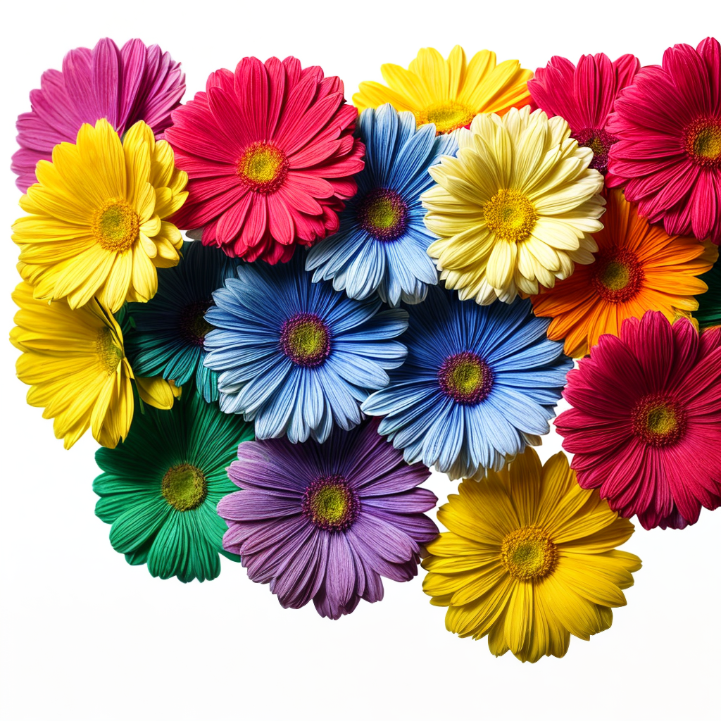 stemmed multi coloured flowers in a row with a white background