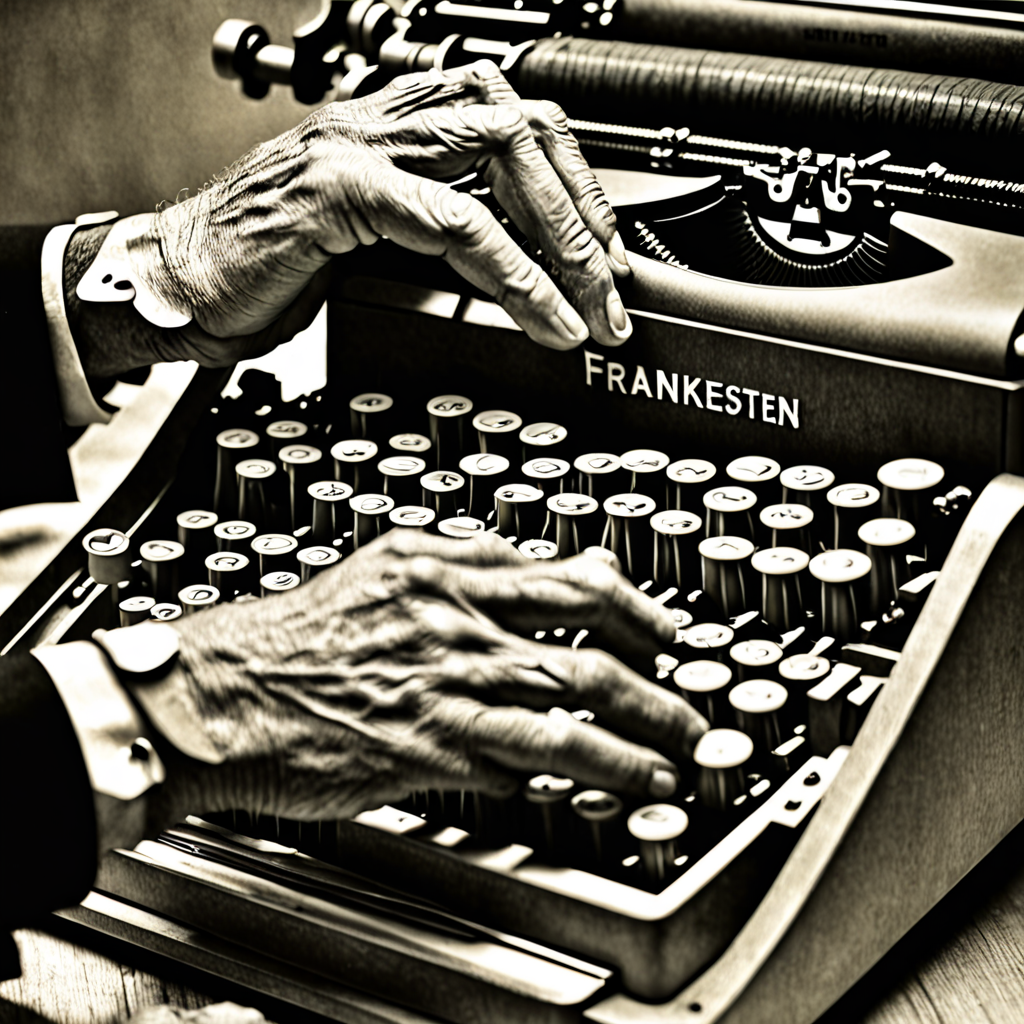 Frankenstein hands typing on a type writer