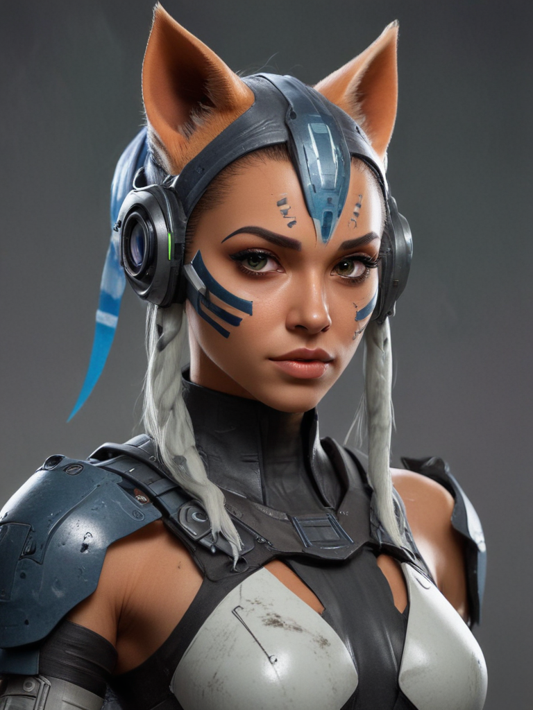 Ahsoka Tano as a cyborg with horns in style of Cyberpunk and Tomb Raider