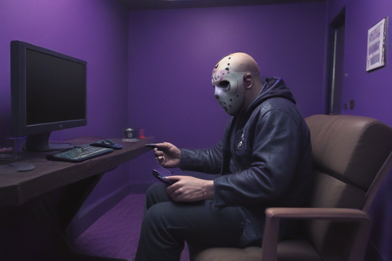 realistic Jason voorhees playing video games in a purple room