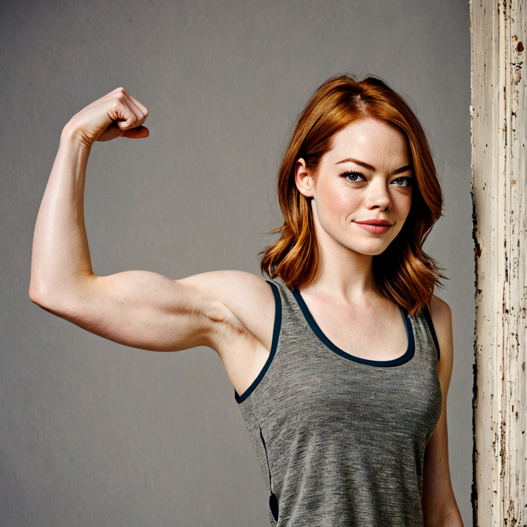 Youthful Emma Stone, flexing, huge biceps, vascular