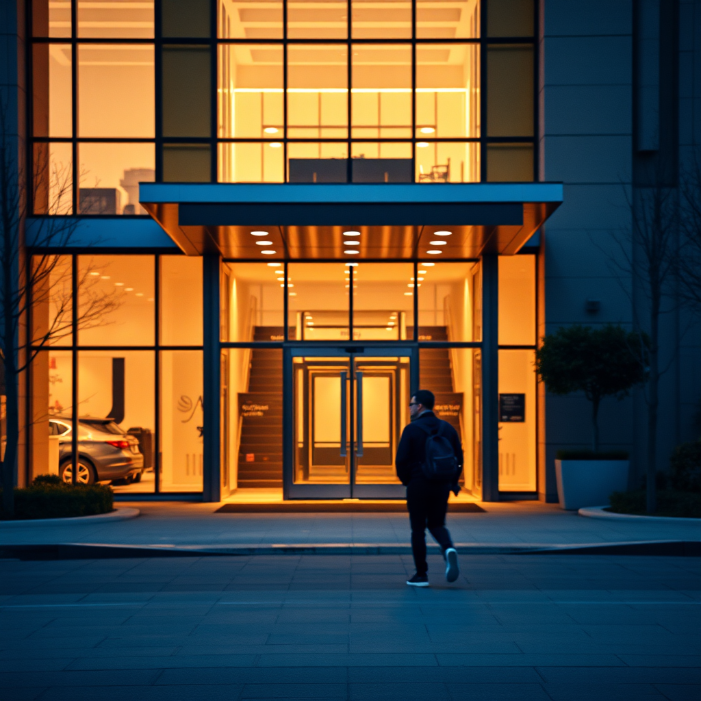 Generate an image of a person walking in front of a modern building ...
