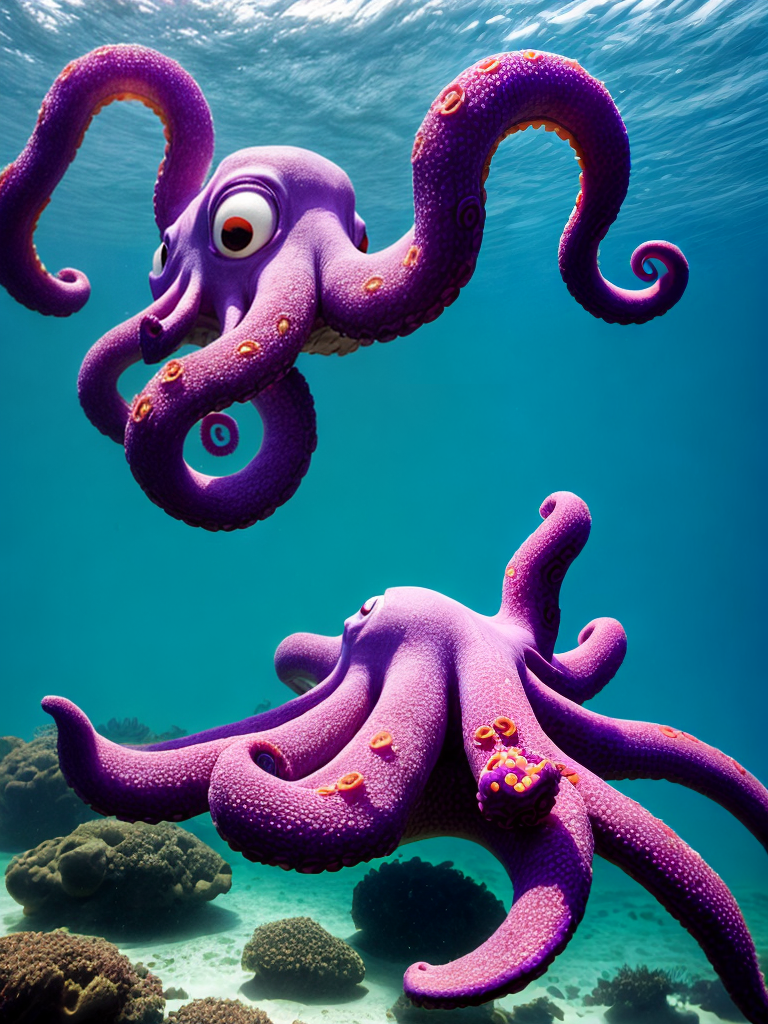Purple octopuses float in a clear sky
