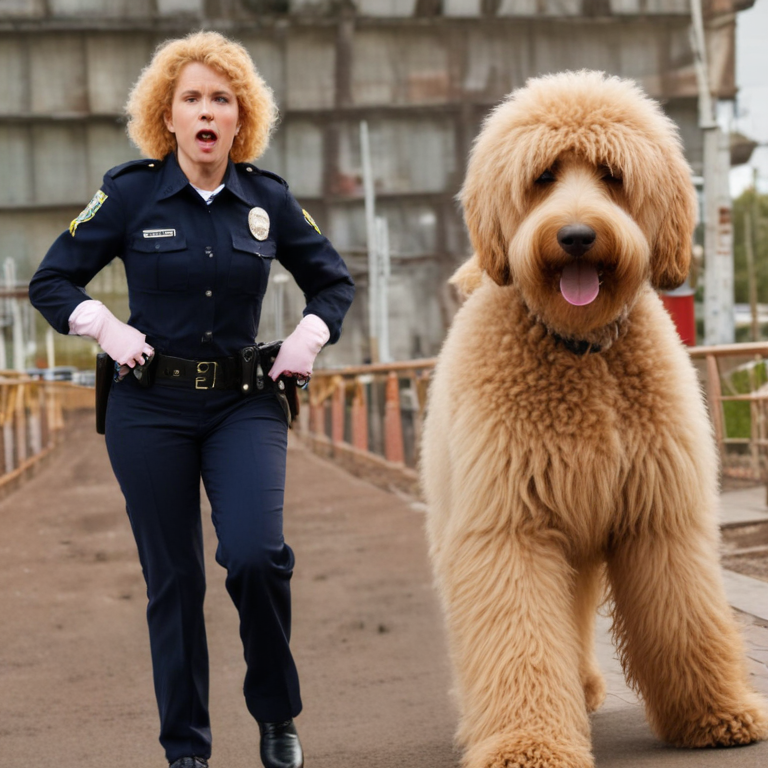 Angry Female policewoman gun roller coaster angry labradoodle fight