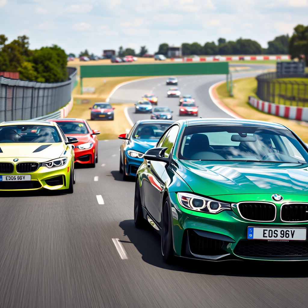 Regenerate an image of a dynamic car racing scene on a track featuring ...