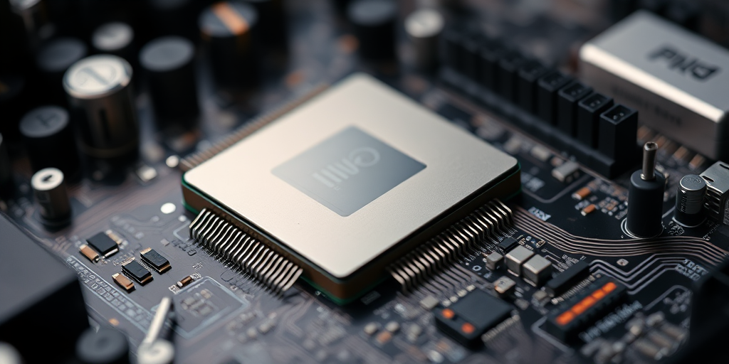 close-up shot of a CPU on a circuit board with intricate details, ISO ...