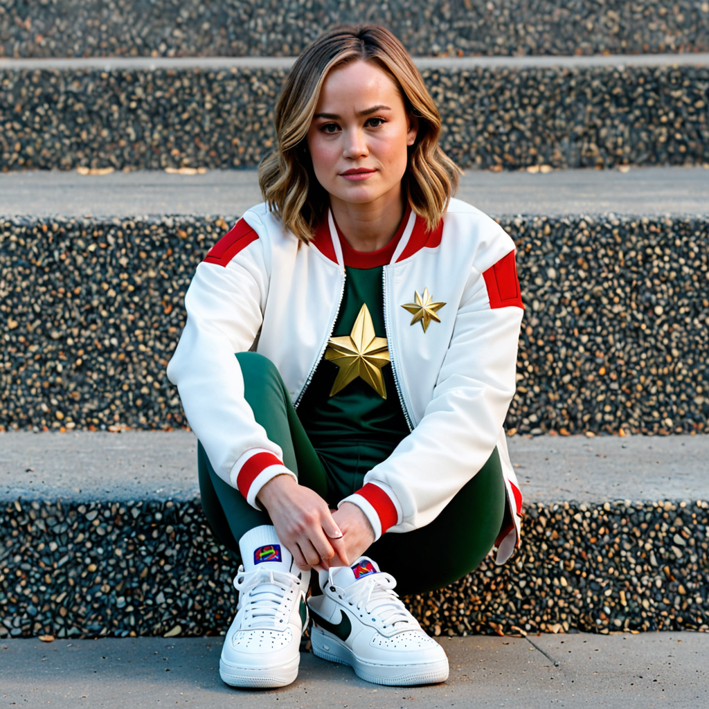 Brie Larson Carol Danvers sitting in her Captain Marvel Costume, White ...