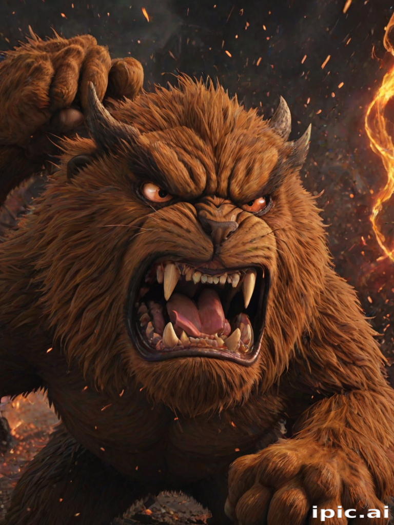 Fierce Beast Roaring in Anger Amidst Flames and Chaos Surrounding It
