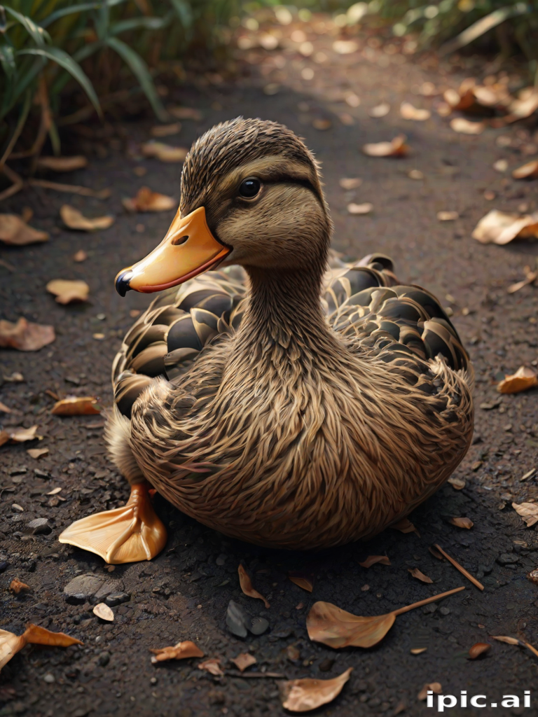 A Calm Duck Resting on a Leaf-Covered Pathway in Nature.