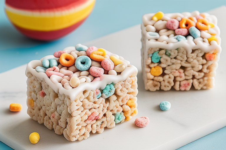 Colorful Rice Cereal Treats Topped with Sweet Icing and Candy Pieces.