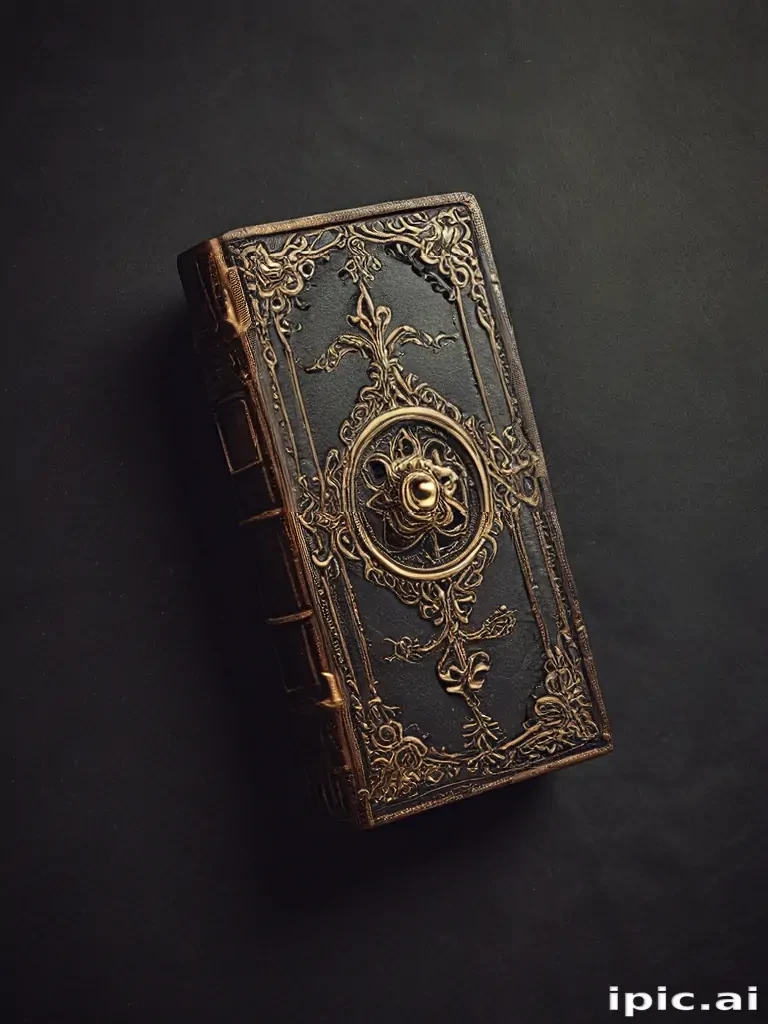 Elegant Vintage Book with Intricate Gold Embossing on Dark Cover