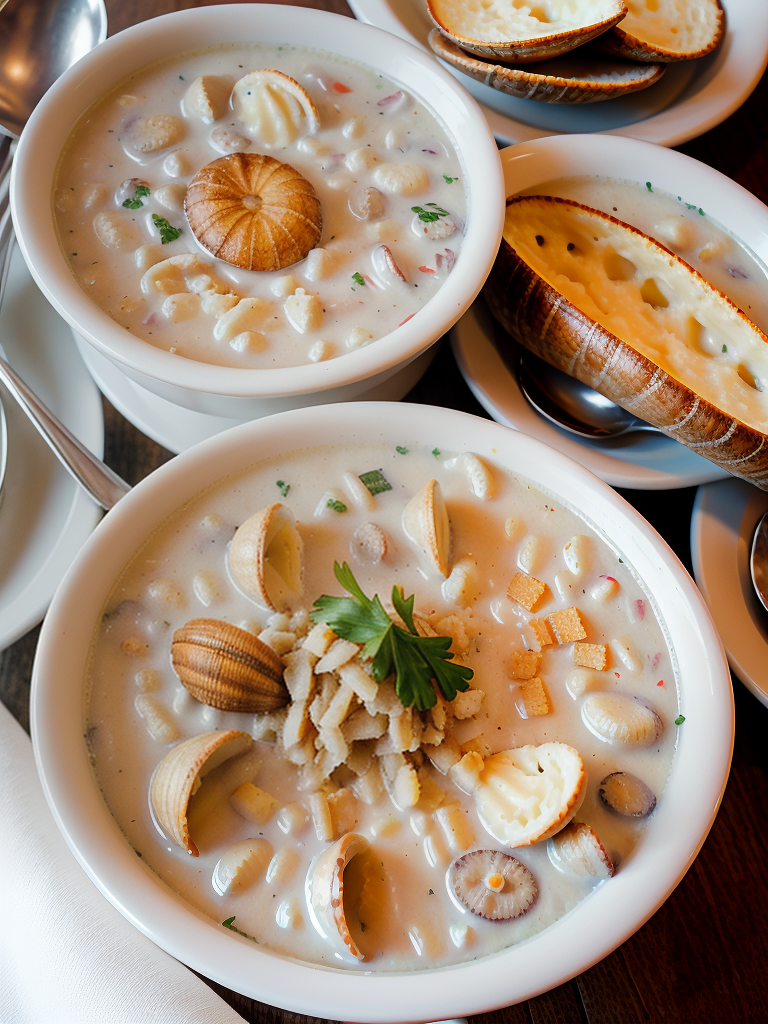Delicious Seafood Chowder Served in Bowls with Fresh Ingredients and Bread
