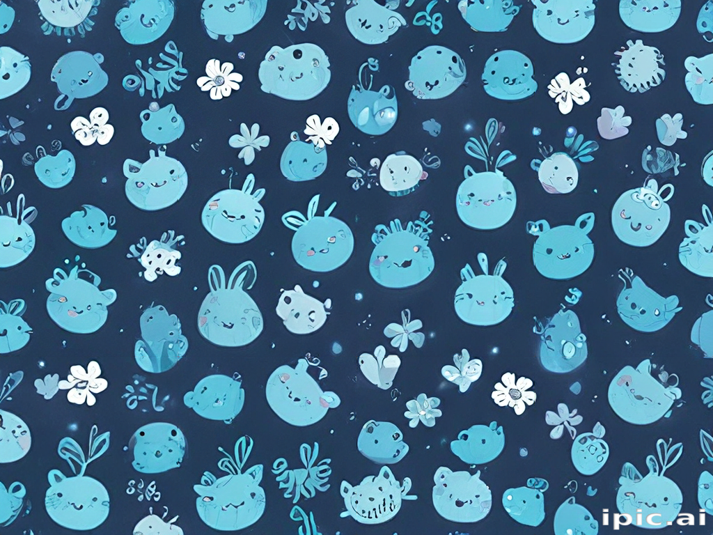 Whimsical Collection of Cute Blue Creatures and Nature Elements on Dark ...