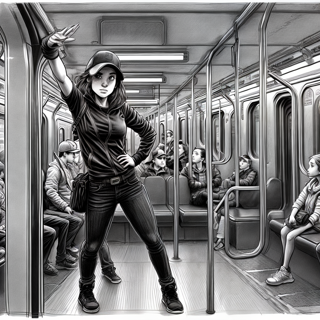 B-GIRL IN SUBWAY TRAIN. WIDE ANGLE. COMIC BOOK. SKETCH STYLE. BLACK AND ...