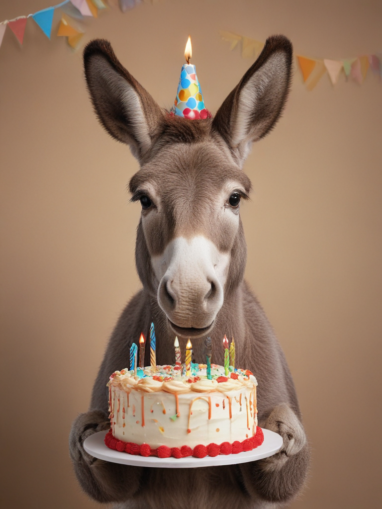 Happy Donkey carrying birthday cake