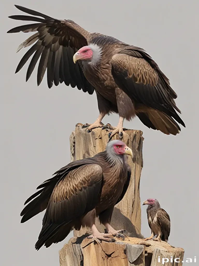 A Trio of Majestic Vultures Perched Gracefully on a Weathered Log