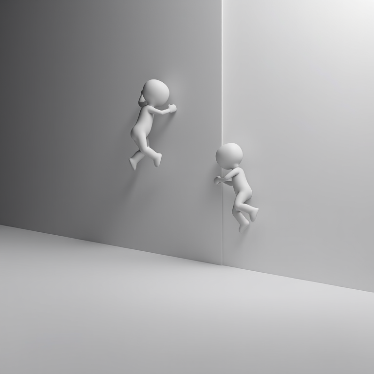 Two Abstract Figures Climbing Up a White Wall in a Minimalist Space