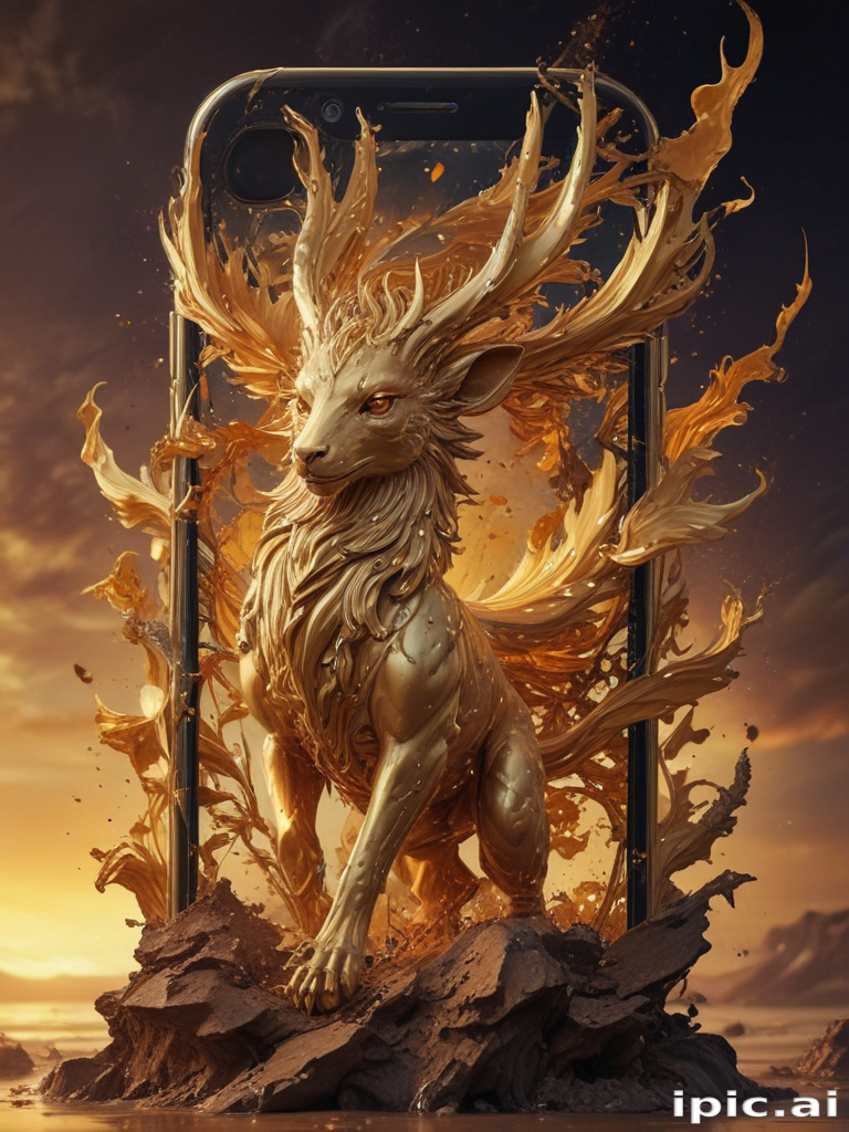 Majestic Golden Creature Emerging from a Smartphone in a Fantasy Landscape