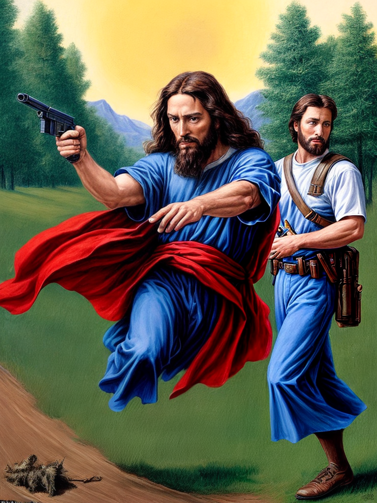 jesus pointing gun at donald trump