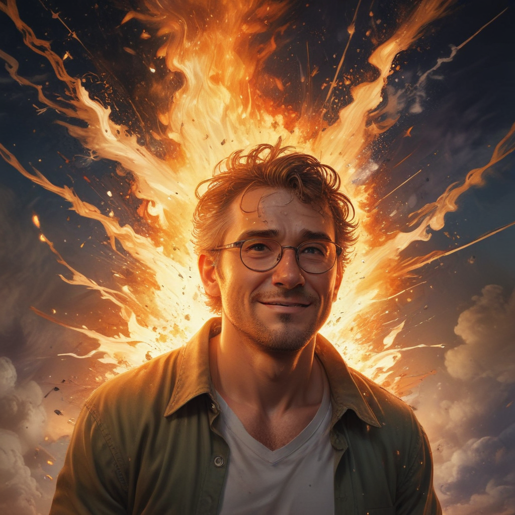 Man Smiling Amidst a Dramatic Explosion of Colorful Flames and Light