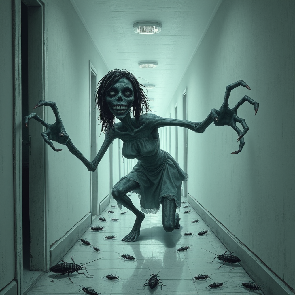 Haunting Figure Emerges in Dimly Lit Hallway Surrounded by Crawling Insects