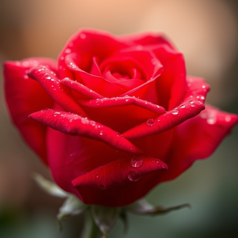 Radiant Red Rose with Dewdrops Glimmering in Soft Morning Light