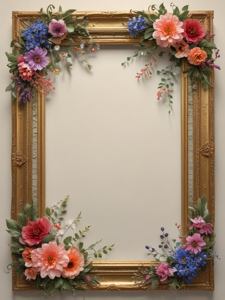 Ornate Floral Frame with Vibrant Blossoms Surrounding an Empty Central ...