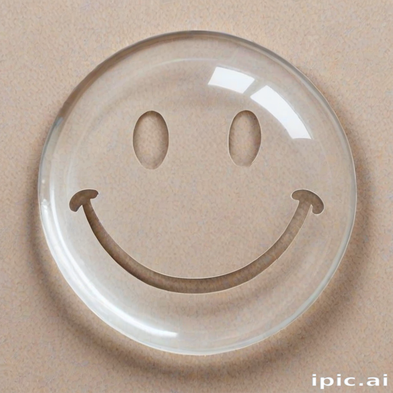 A Clear Glass Smiley Face Emblem on a Light Beige Background