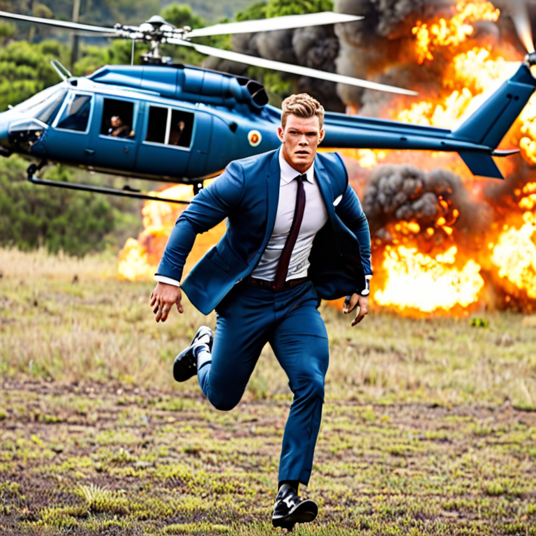 Alan Ritchson as a suit-clad spy in action being chased by a helicopter.