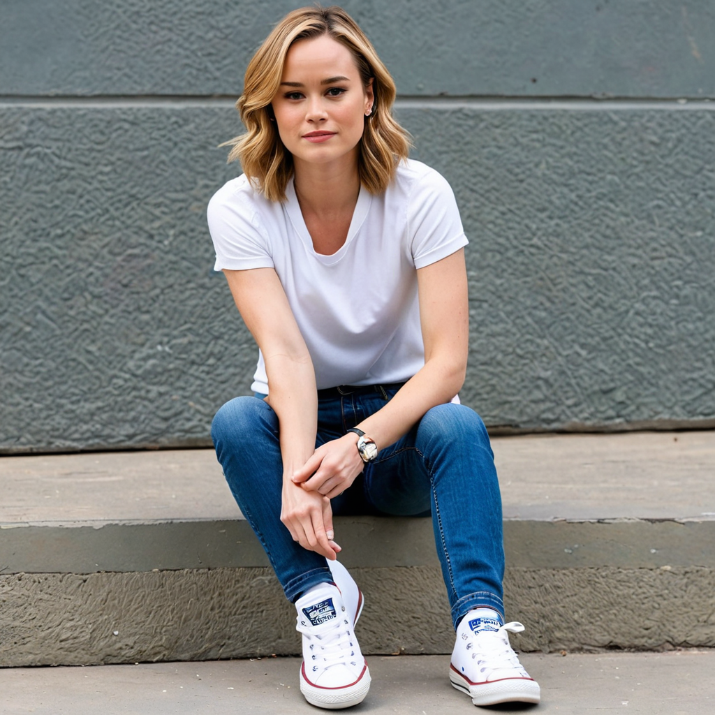 Mcu Brie Larson Carol Danvers Sitting in White Shirt, Blue Jeans, White ...