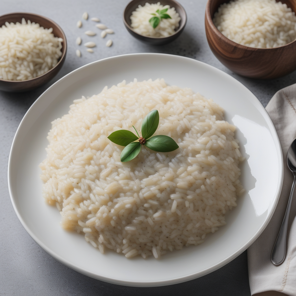 A Deliciously Creamy Rice Dish Garnished with Fresh Basil Leaves and ...