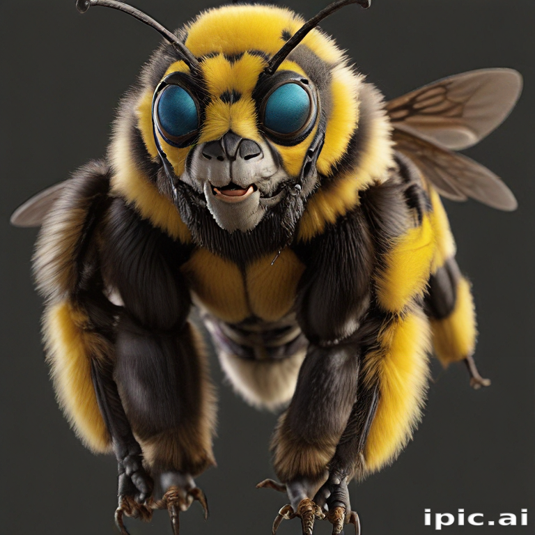 A Whimsical Anthropomorphic Bee with Bright Blue Eyes and Fluffy Fur