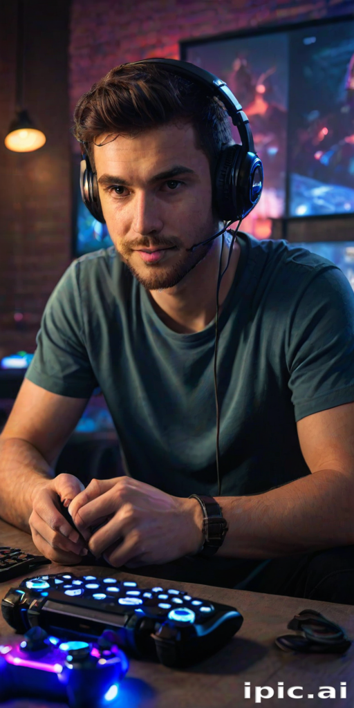 Focused Gamer Engaged in Intense Gameplay with Headset and Controller