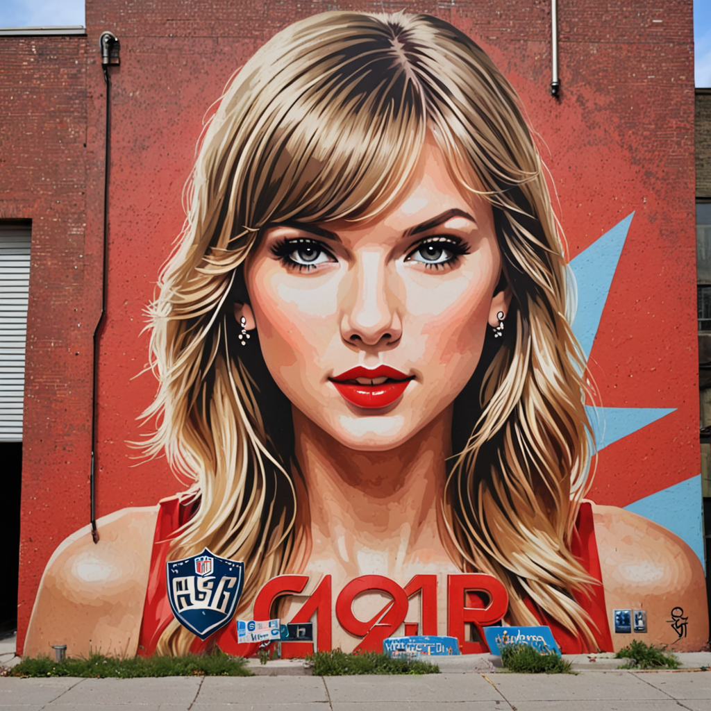 CCCP propaganda style building mural of Taylor Swift attending super bowl