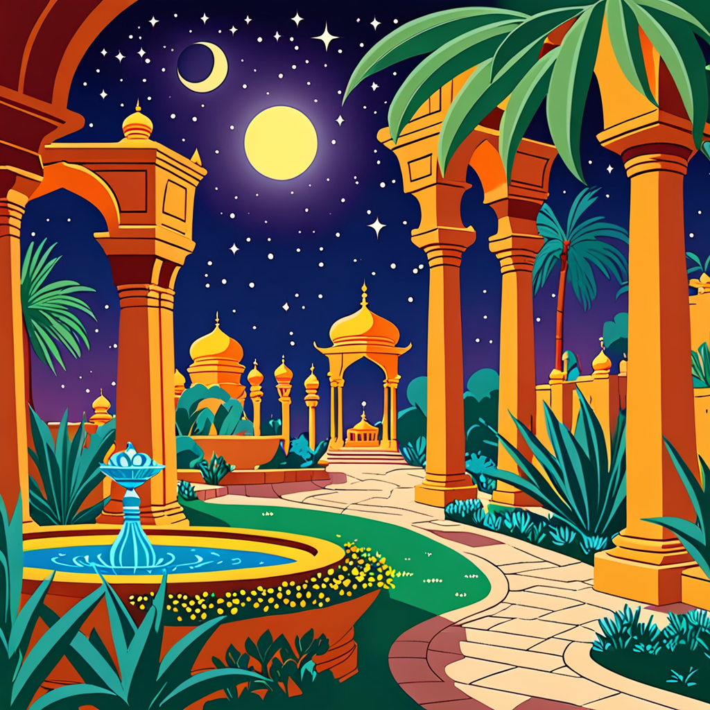 Garden of the Sultan of Agrabah from the cartoon Aladdin. Night. Flat ...