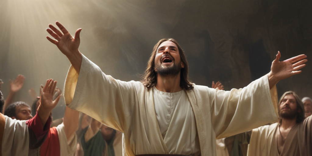 Jesus Christ, after his resurrection, speaking to his disciples, arms ...