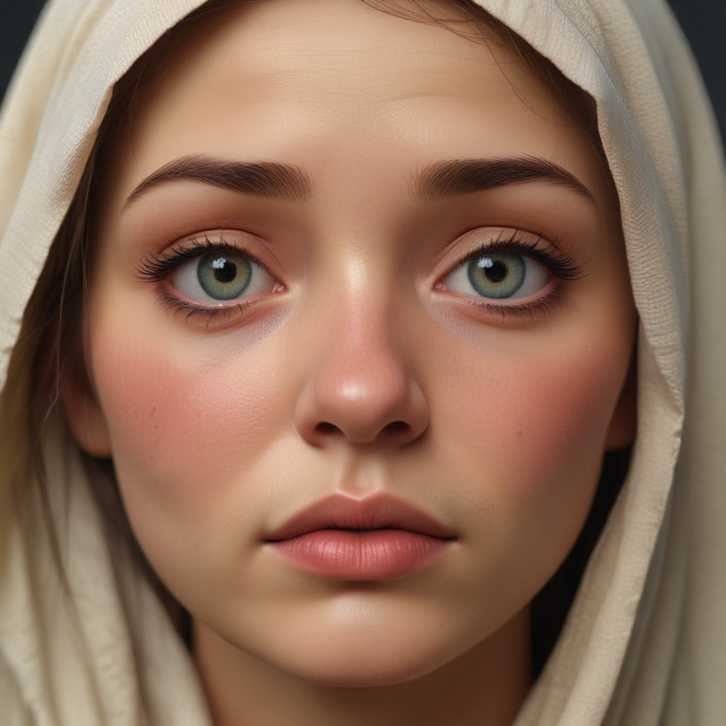 A Portrait of a Young Woman with Striking Eyes and Soft Features.