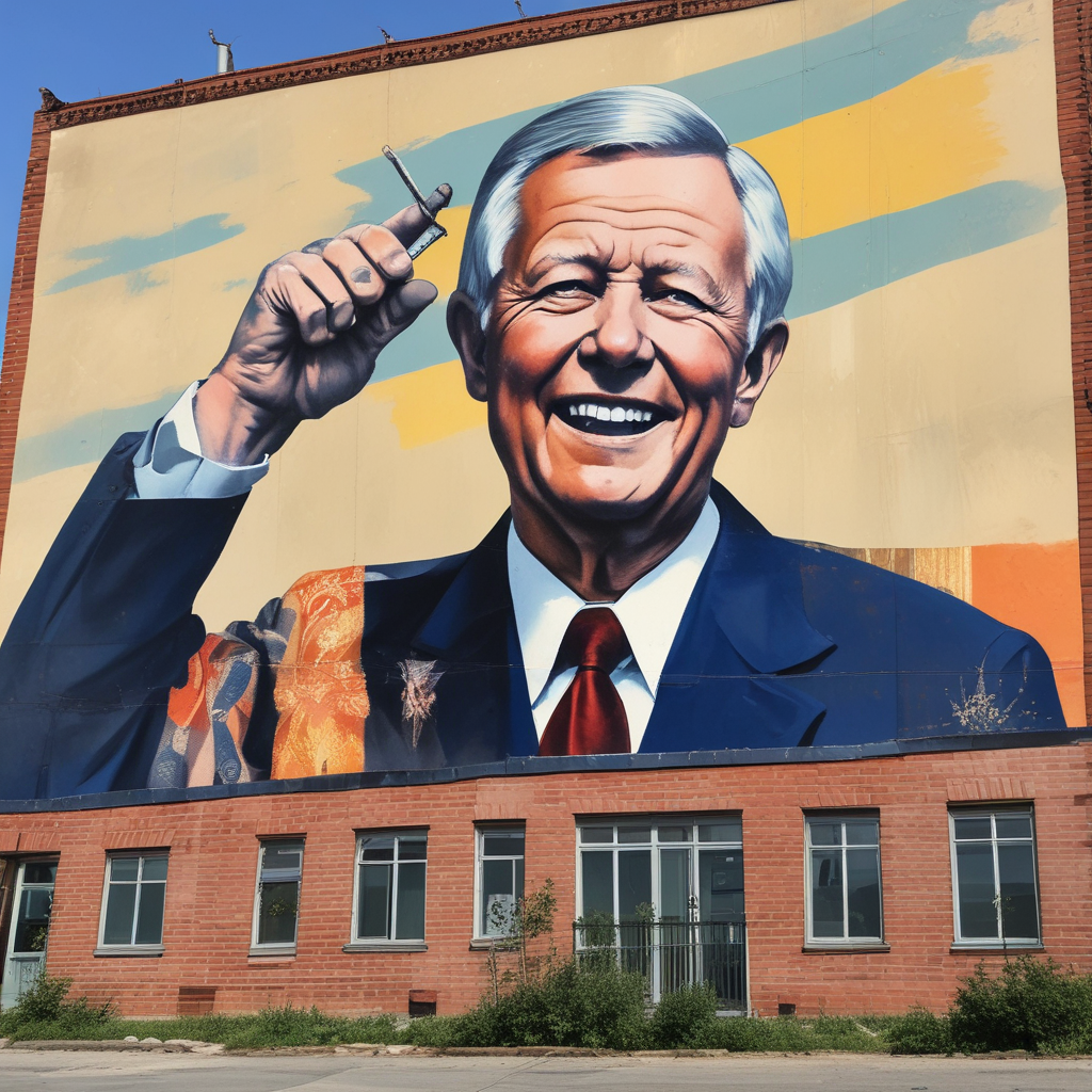 worn and peeling soviet military propaganda style mural on large ...